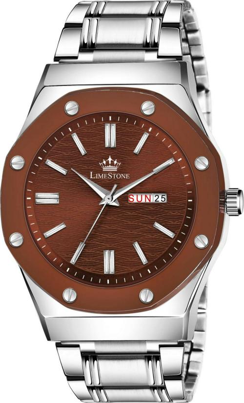 Buy Limestone Day and Date Function Brown Dial Silver Strap Analog ...