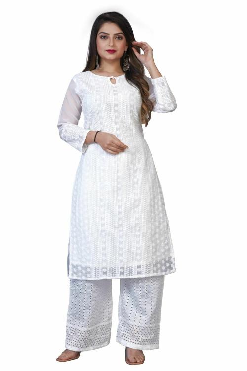 Buy Snizvi Women's Georgette Hand Embroidered Chikankari Lucknowi Kurta ...