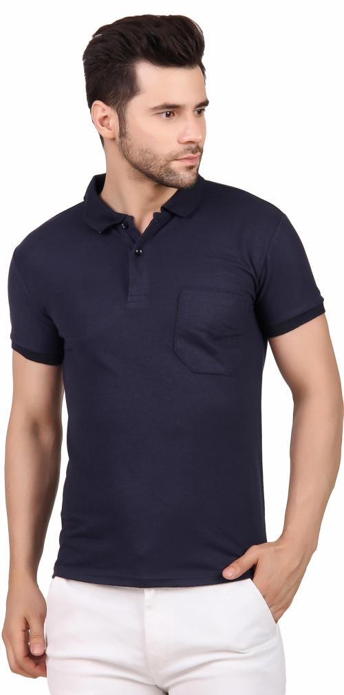 Buy Urban Rod Men Dark Blue Solid Poly Cotton Polo Neck T-Shirt (L ...