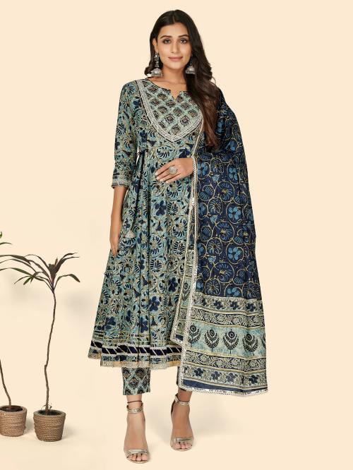 Buy Vbuyz Women'S Print & Sequience Anarkali Cotton Blue Stitched Kurta ...