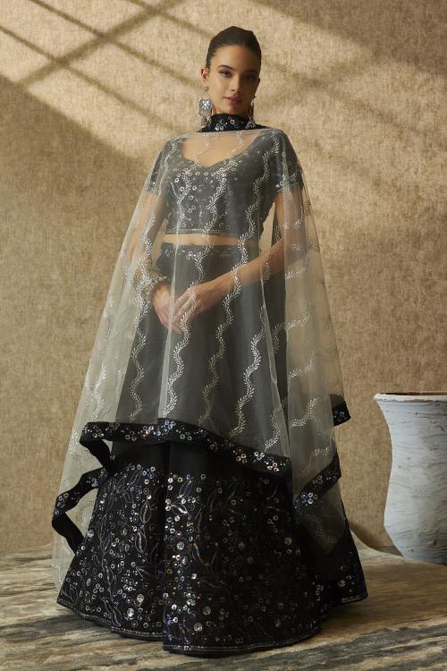 Buy Soch Women's Black Georgette Unstitched Lehenga Set With Sequins ...