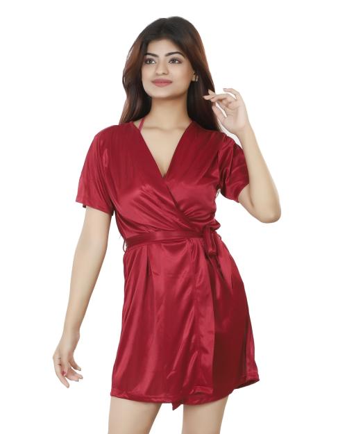 Buy Nivcy Large Solid Satin Women Maroon Robe Nightwear Online at Best ...