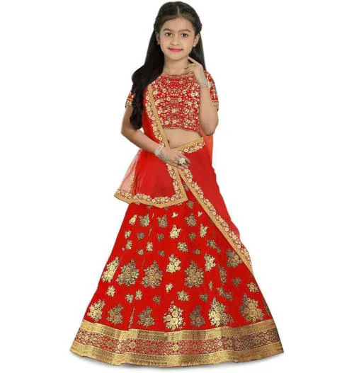 Buy Craqline Girls Red Embroidered Satin Ghagra, Choli And Dupatta Set ...