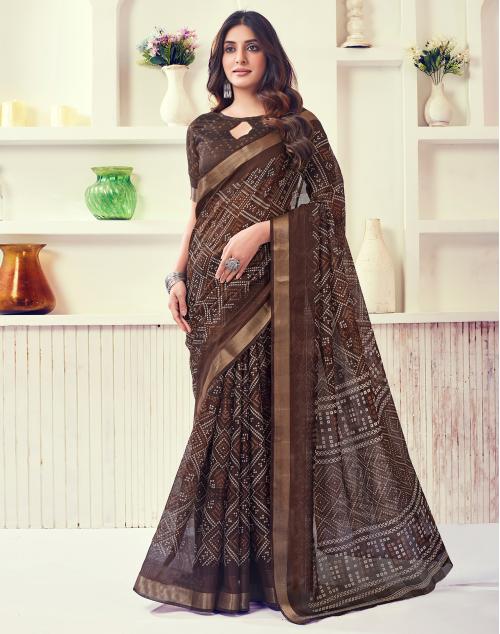 Buy Siril Cotton Blend Brown Color Saree with Blouse piece Online at ...