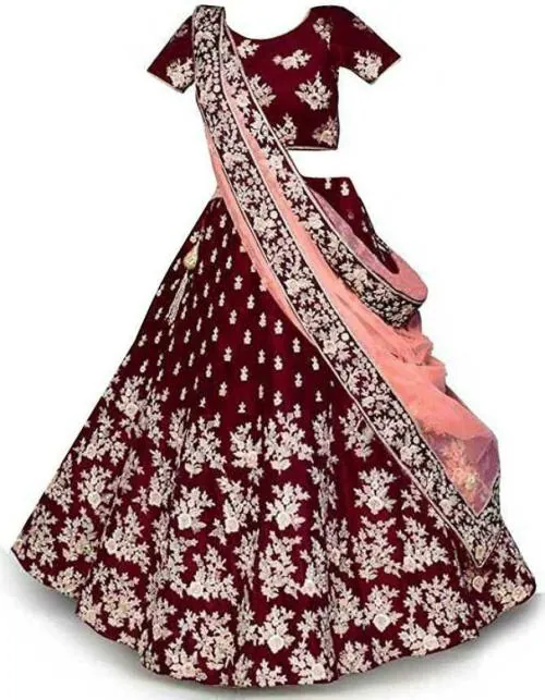 Buy DIZVU Girls Maroon Embroidered Satin Ghagra, Choli, Dupatta Set 6-7 ...