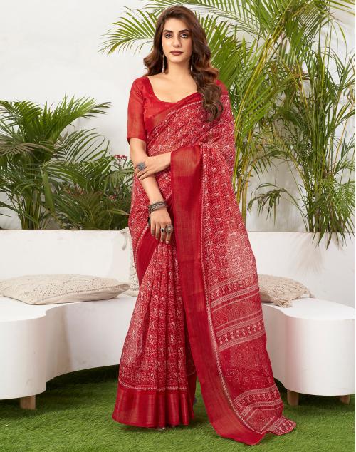Buy Siril Cotton Blend Red Color Saree with Blouse piece Online at Best ...