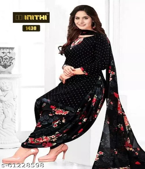 Buy INITHI Women's Black Micro Printed Crepe Suits & Dress Materials-01 ...