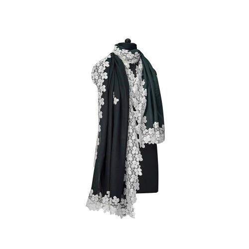 Buy Igm Women Black, Ivory Wool, Silk Four Side Lace Stole Online at ...
