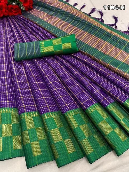 Buy shubhkamna fashion PURPLE-Green1228 Checkered Cotton Linen, Cotton ...