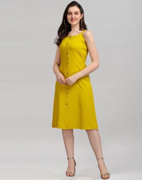 Buy ATTIRIS Women's Crepe Solid Buttoned A-Line Midi Shoulder Strap Dress, Mustard Yellow Online ...