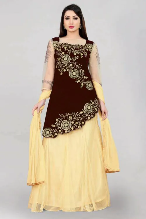 Buy Fabcartz Women Coffee Cream Self Design Net Lehenga Choli Online at ...