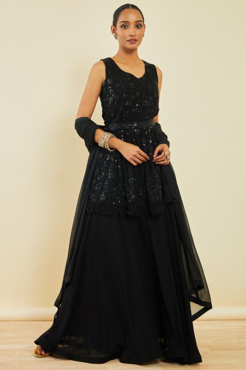 Buy Soch Black Georgette Suit Set With Floral Embroidery And Sequins ...