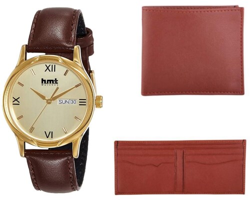 Buy HMTO Original Gold Plated Day & Date Watch with Genuine Leather ...