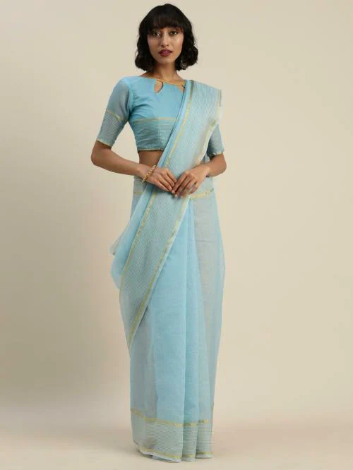 Buy Vkaran Women Blue Solid Cotton Blend Single Saree Online at Best ...