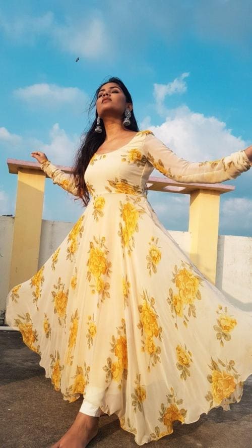 Buy Jesvi Women Yellow and White Floral Print Georgette Anarkali Kurta and Dupatta Set - XXL ...