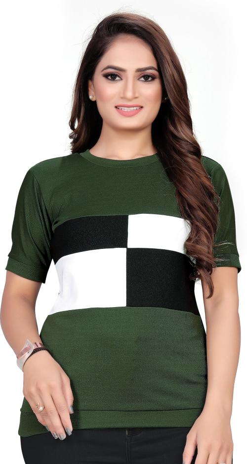 Buy HEMANG FASHION Women Green Color Block Cotton Blend Round Neck T-Shirt (L) Online at Best ...