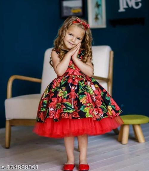 Buy Skyteria Girls Satin Printed Knee Length Sleeve Less Short Frock ...