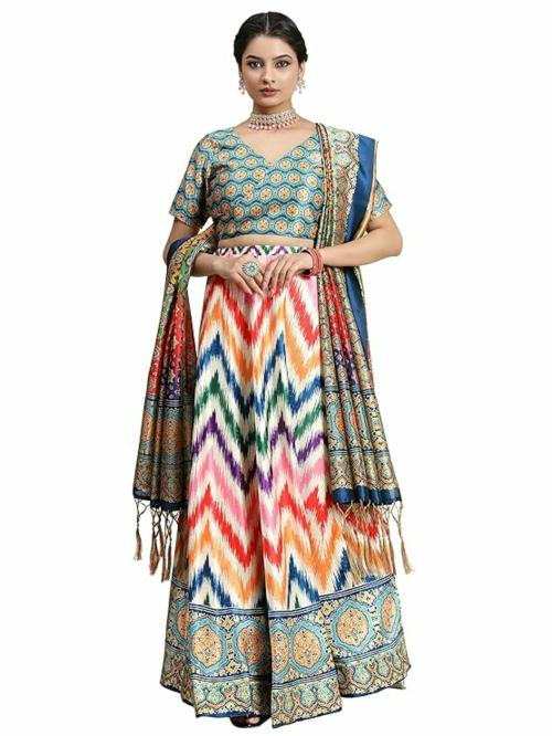 Buy KAHIRAA WHOLETEX Green & Blue Printed Ikat Semi-Stitched Lehenga ...