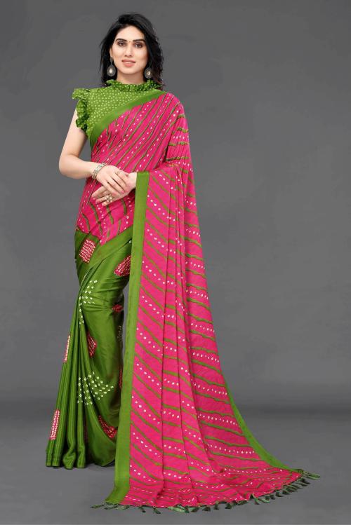 Buy sareya veela Leheria Women Green and Pink Striped Pure Silk Sarees ...