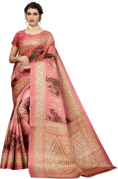 Buy PRIYASHI Women Pink Printed Art Silk Mysore Saree Online at Best ...