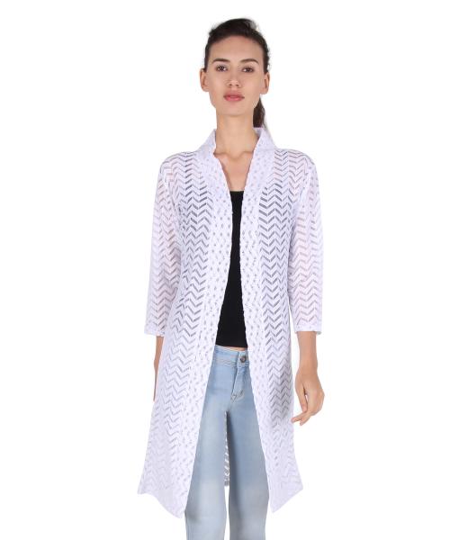 Buy Sweekash Solid Long Length Lace Net 3/4th Sleeve White Shrug Online ...