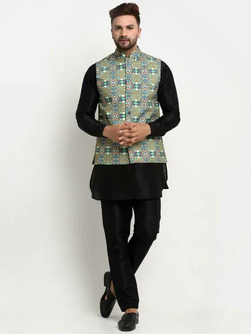 Buy Benstoke Men's Silk Blend Black Kurta With Pyjama & Multicolor ...