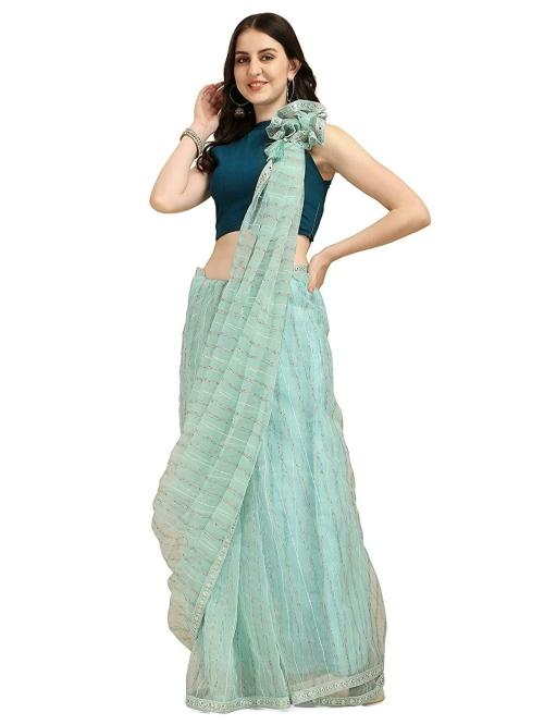 Buy Dungrani Turquoise Embellished Organza Women Saree With Blouse Pic ...