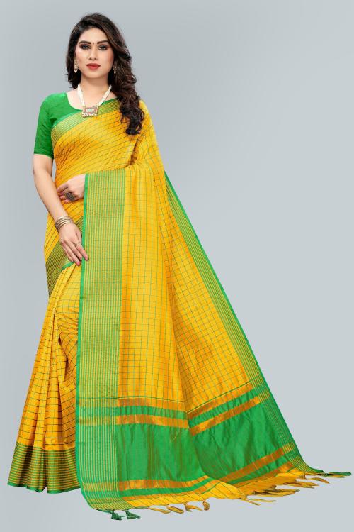 Buy sareya veela Chettinadu Women Yellow Striped Cotton Linen Sarees ...