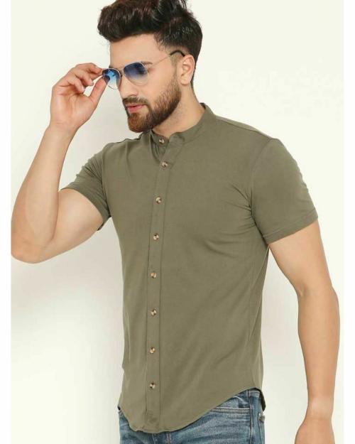 Buy GLITO Solid Olive Half Sleeves Collared Neck With Button Shirts For ...