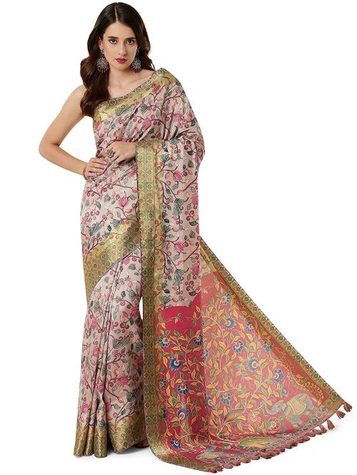 Buy Dungrani Light Pink Kalamkari Art Silk Women Saree With Blouse Pic ...