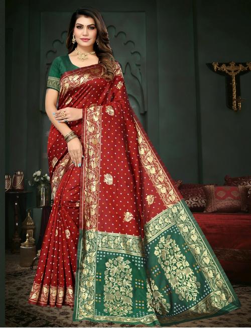 Buy SWIFFIN Fast Selling Litchi Silk Bandhani Red & Green Saree For ...