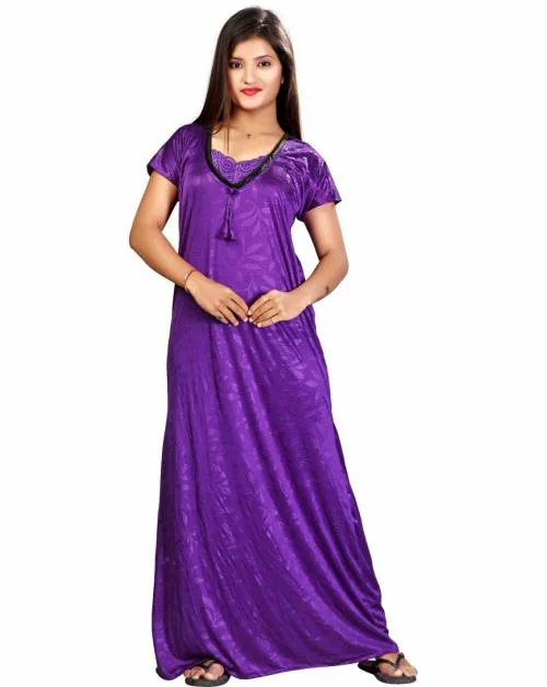 Buy BAILEY SELLS WomenPurple Self Design Satin Blend Nighty - Free Size ...