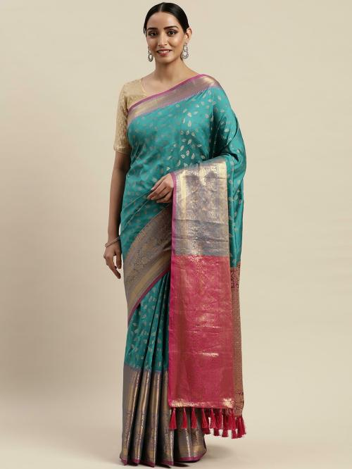 Buy VASTRANAND Women Teal Cotton Silk Woven Design Saree Online at Best ...