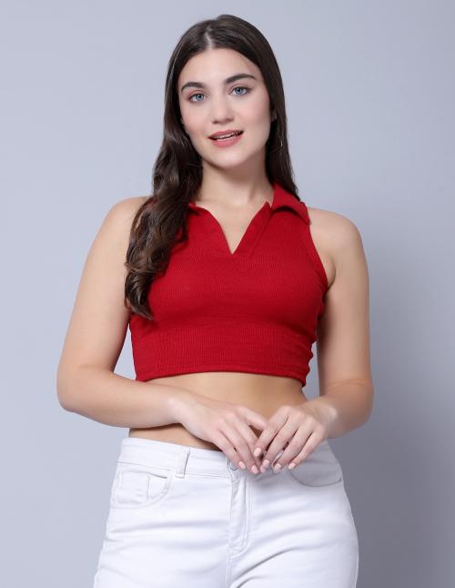 Buy DIAZ Women's Polo Collar Sleevesless Crop Top Rib Knit Tank|Women's ...