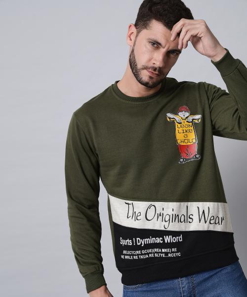 Buy HELL BOUND Men Dark Green Colorblock Fleece Single Hooded ...