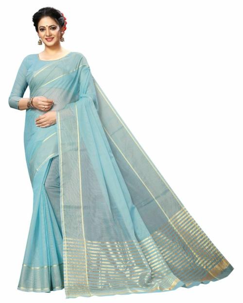 Buy VKARAN Women's Blue Cotton Silk Woven Saree With Blouse(RUPALI BLUE ...