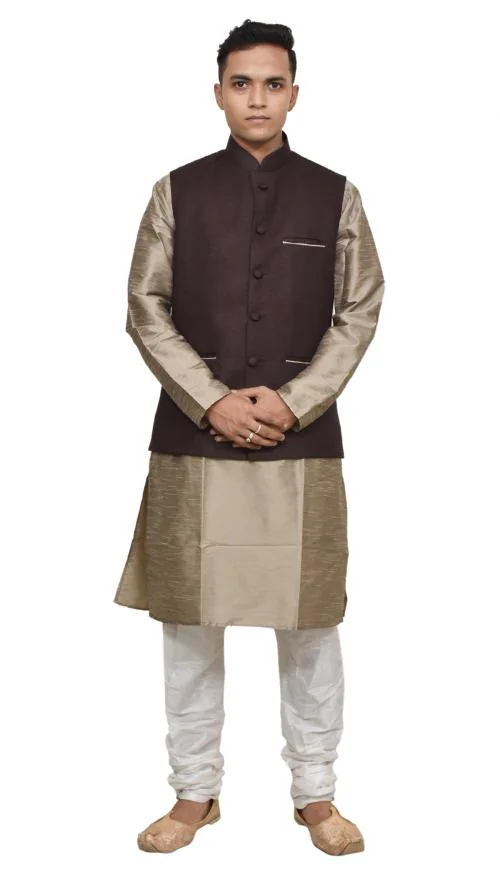 Buy HFP Men's Copper Gold Silk Kurta White Churidhar With Pink Voilet ...