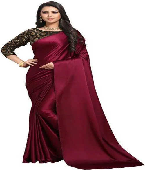 Buy Aruna Sarees Solid/Plain Bollywood Satin Saree (Maroon) Online at ...