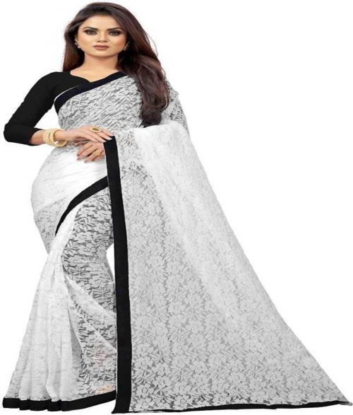 Buy Aruna Sarees Self Design Bollywood Net Saree (White) Online at Best ...