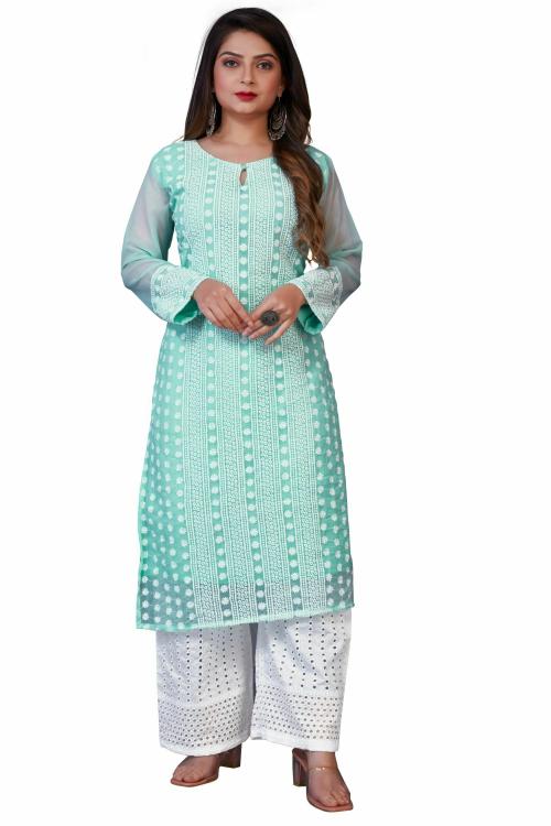 Buy Snizvi Women's Georgette Hand Embroidered Chikankari Lucknowi Kurta ...