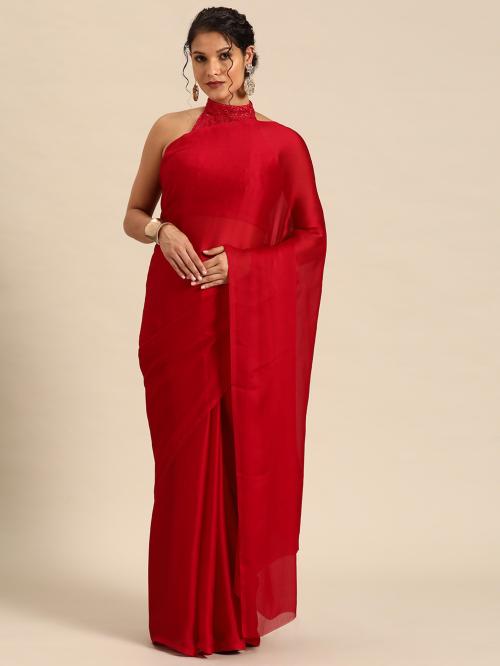 Buy Jinal & Jinal Women Red Solid Satin Bollywood Saree (If Naaz Red ...
