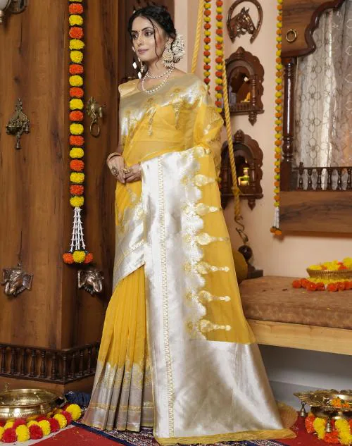 Buy Satrani Organza Yellow & Mustard Color Saree With Blouse Piece ...