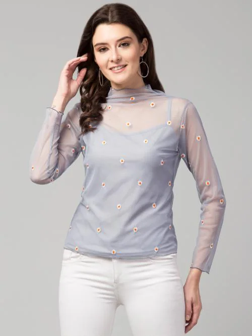 Buy StylzIndia - Embroidered High Neck Mesh Top - Grey - S Online at ...