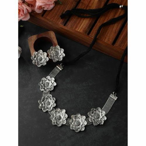 Buy Cardinal Oxidized Silver Color Flower Shape Choker Necklace Set ...