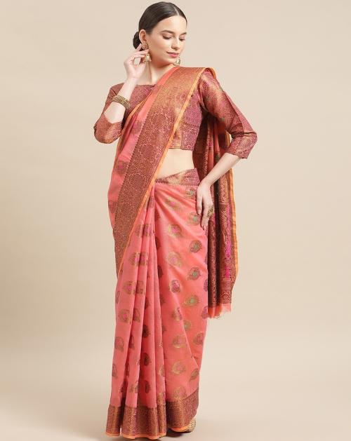 Buy KAVINDI Self Design Bollywood Jacquard, Cotton Silk Saree (Pink ...