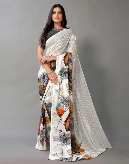 Buy Siril Georgette Off-White Color Saree with Blouse piece | sarees ...