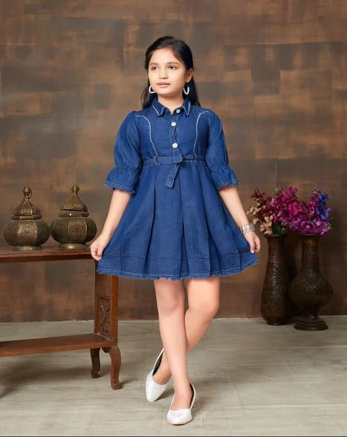Buy Muhuratam Girls Party Wear Navy Blue Colour Solid Denim Middi With ...