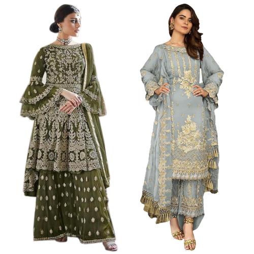 Buy SAAHMRIGA Women Mehendi, Grey Embroidered Net Set Of 2 Kurta ...