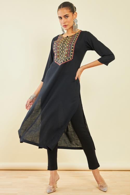 Buy Soch Black Rayon Slub Kurta With Ethnic Embroidery And ...