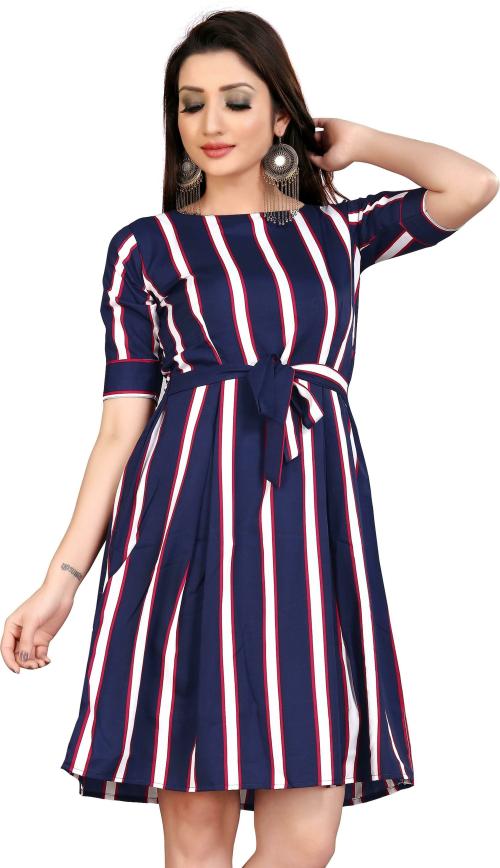 Buy Maa Fab Women Navy Printed Polyester A-line Dress Online at Best ...